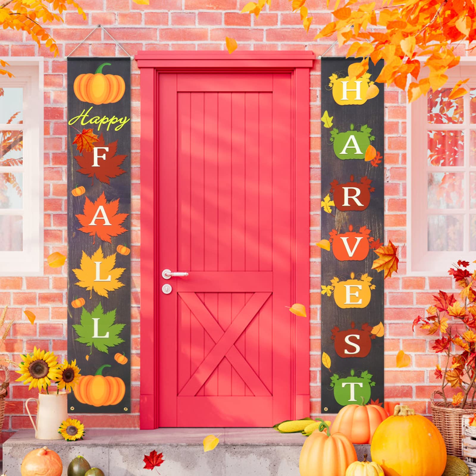 Rtudan Thanksgiving Thanks Fall Front Porch Banner Fall Outdoor Sign, Thanksgiving Fall Door Decorations for Indoor/Outdoor Party Hanging Decoration