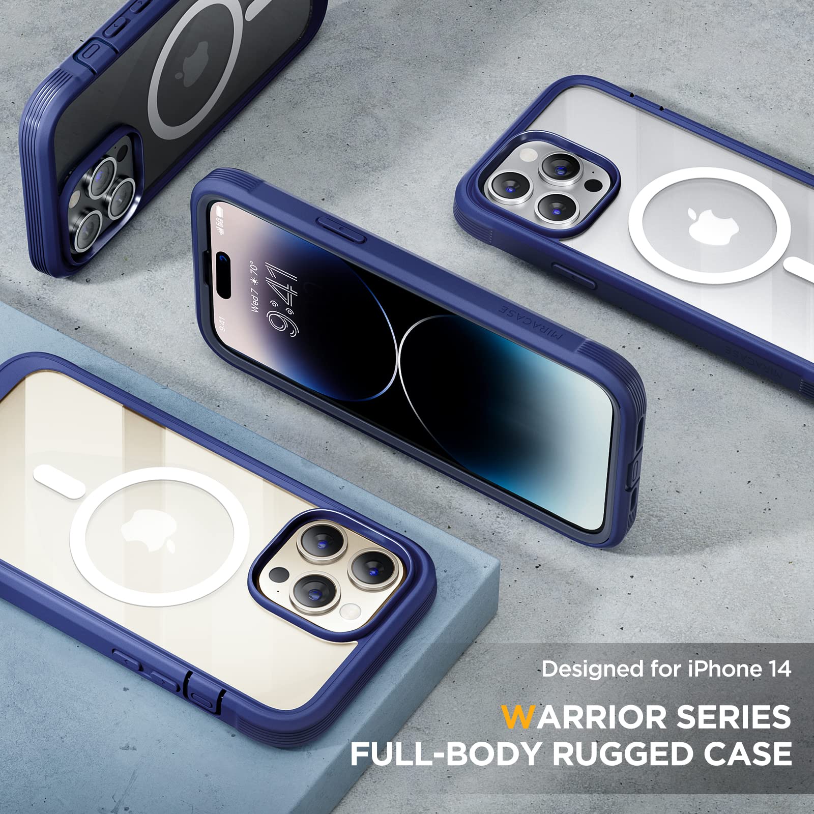 Miracase Magnetic for iPhone 14 Pro Case, [Compatible with MagSafe] [Built-in Tempered Glass Screen Protector] Full-Body Rugged Protective Case with Camera Lens Protector, Gem Blue