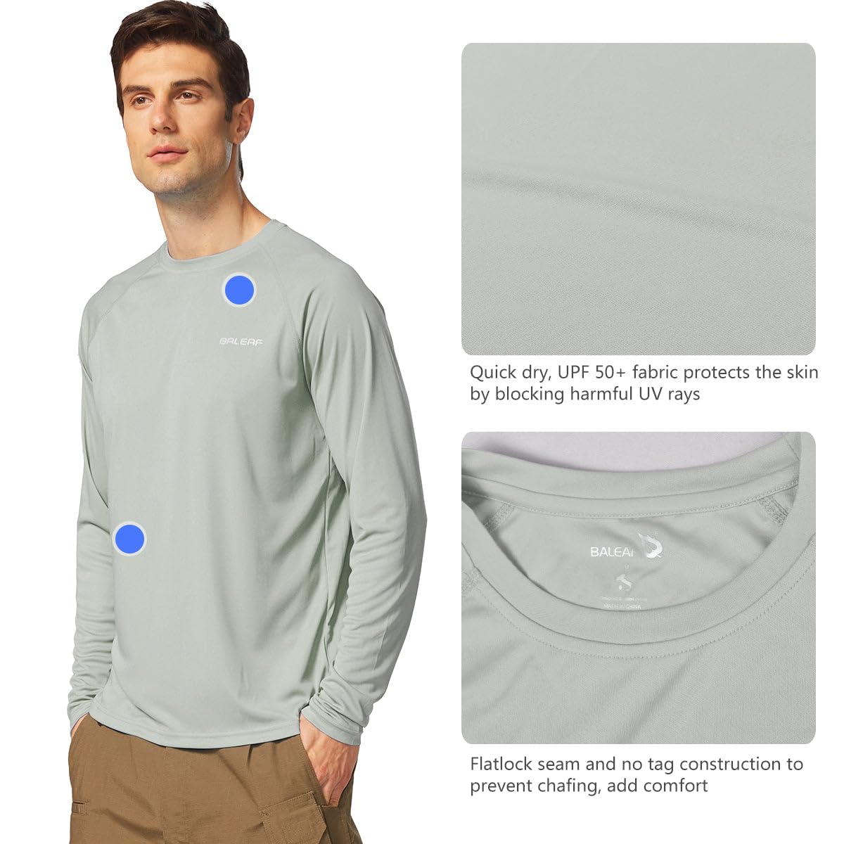 BALEAF Men's Rash Guard Shirts Fishing Long Sleeve UV Sun Protection SPF T-Shirts UPF 50+ Lightweight Beach Gray Size XXL
