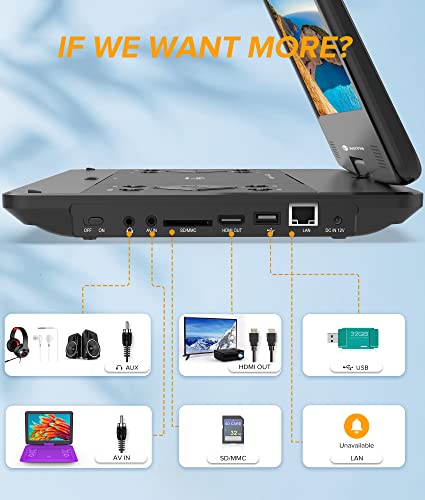 WONNIE 16.9" Portable Blu-Ray DVD Player with 14.1" 1080P Full HD Large Swivel Screen, Dolby Audio Sound, 4 Hrs Rechargeable Battery, Support Last Memory, HDMI Out, AV in, USB/SD Card, Sync TV