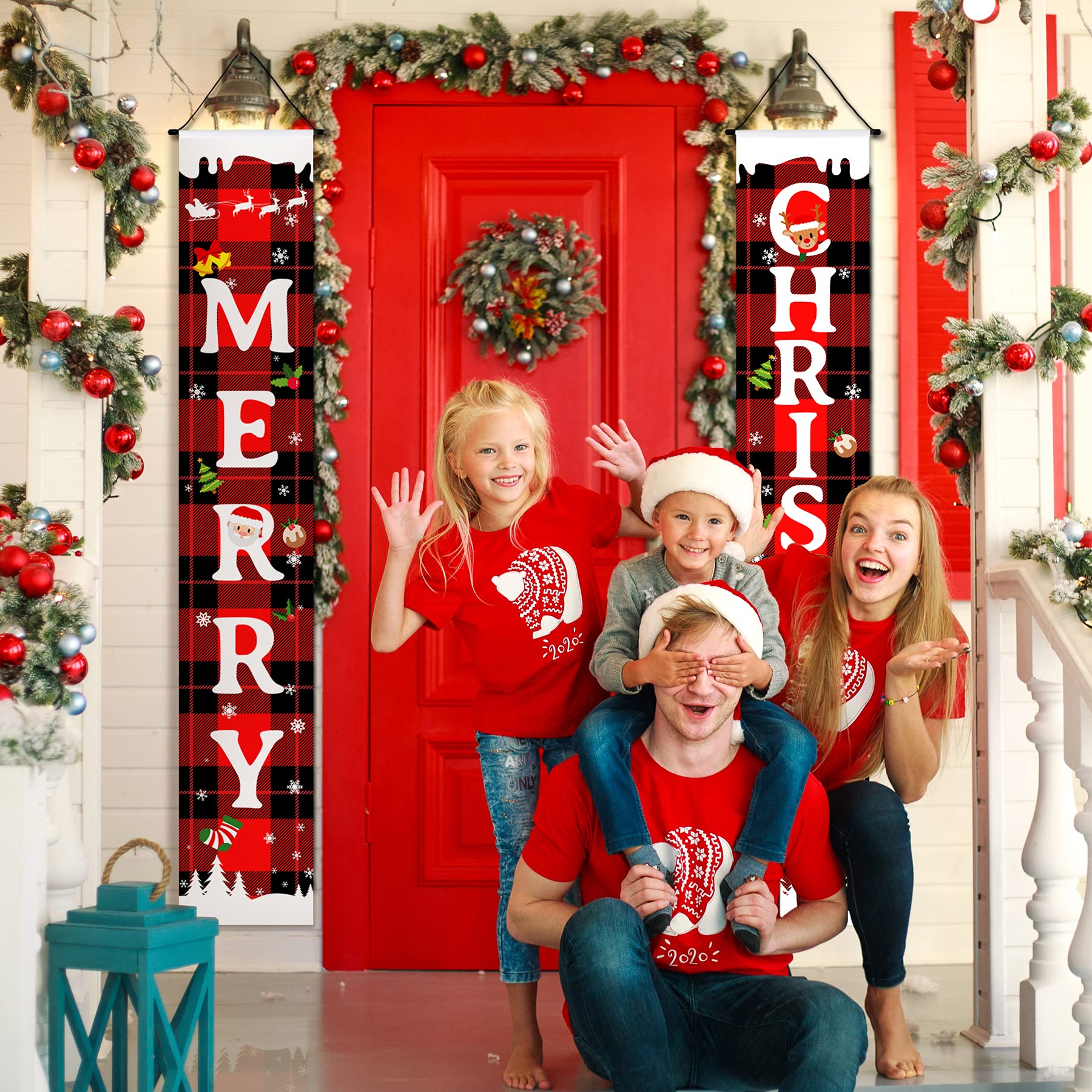 Merry Christmas Door Banner, Plaid Christmas Porch Sign, Outside Xmas Front Door Decorations Outdoor