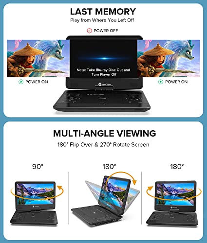 WONNIE 16.9" Portable Blu-Ray DVD Player with 14.1" 1080P Full HD Large Swivel Screen, Dolby Audio Sound, 4 Hrs Rechargeable Battery, Support Last Memory, HDMI Out, AV in, USB/SD Card, Sync TV