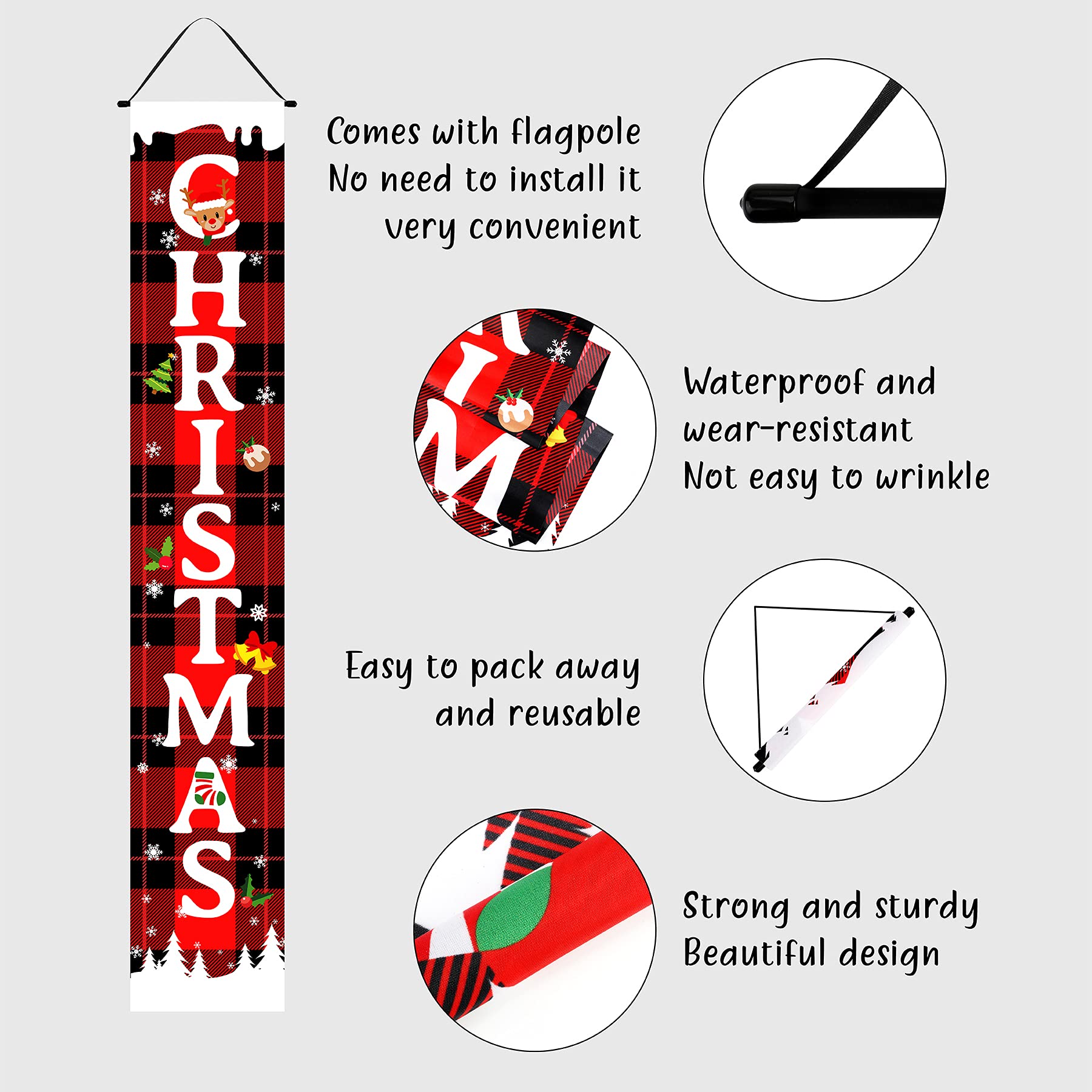 Merry Christmas Door Banner, Plaid Christmas Porch Sign, Outside Xmas Front Door Decorations Outdoor