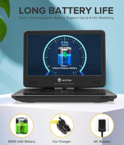 WONNIE 16.9" Portable Blu-Ray DVD Player with 14.1" 1080P Full HD Large Swivel Screen, Dolby Audio Sound, 4 Hrs Rechargeable Battery, Support Last Memory, HDMI Out, AV in, USB/SD Card, Sync TV