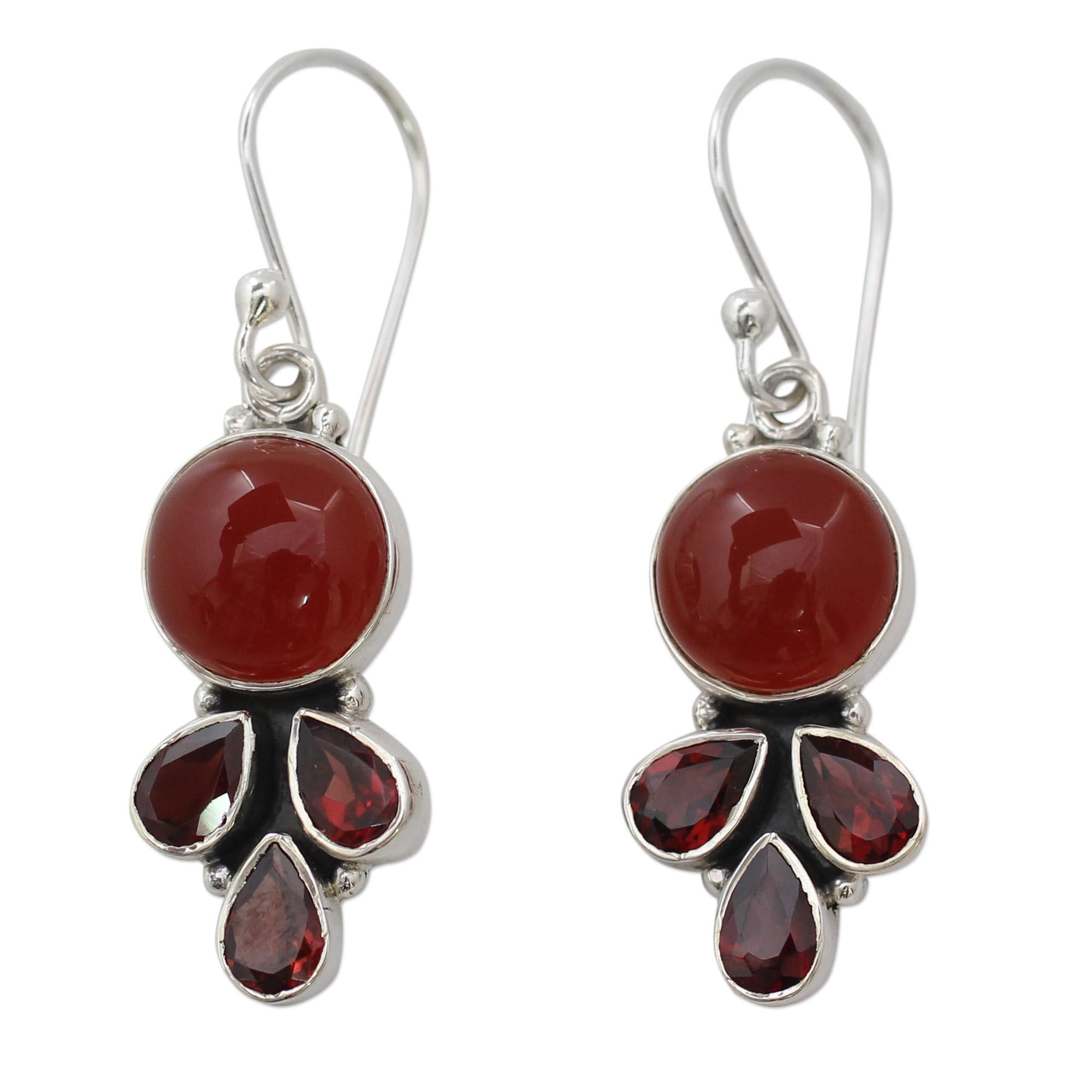 NOVICA Artisan Handmade Carnelian Garnet Dangle Earrings Colorful Fair Trade Gemstone from India Sterling Silver Red Fiesta Flame Birthstone [1.7 in L x 0.5 in W x 0.3 in D] ' Ardent Color'