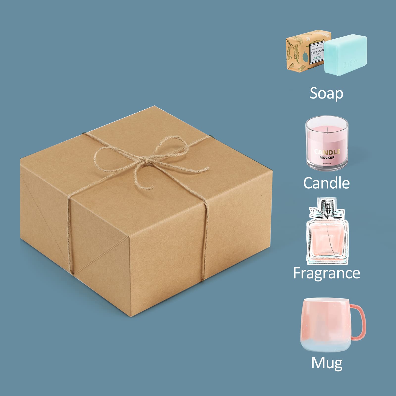 ValBox Premium Gift Boxes 10 Pack 8 x 8 x 4 Brown Paper Gift Boxes with 20 Meters Hemp Rope for Christmas Gifts, Bridesmaid Proposal Boxes, Easy Assemble Boxes