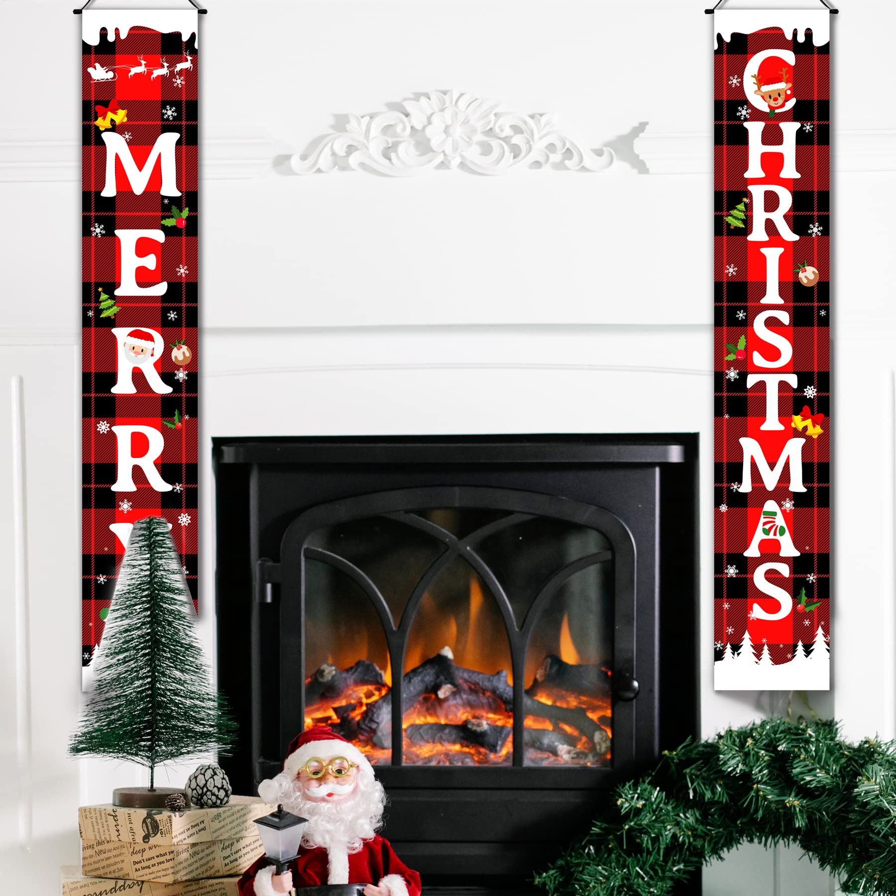Merry Christmas Door Banner, Plaid Christmas Porch Sign, Outside Xmas Front Door Decorations Outdoor