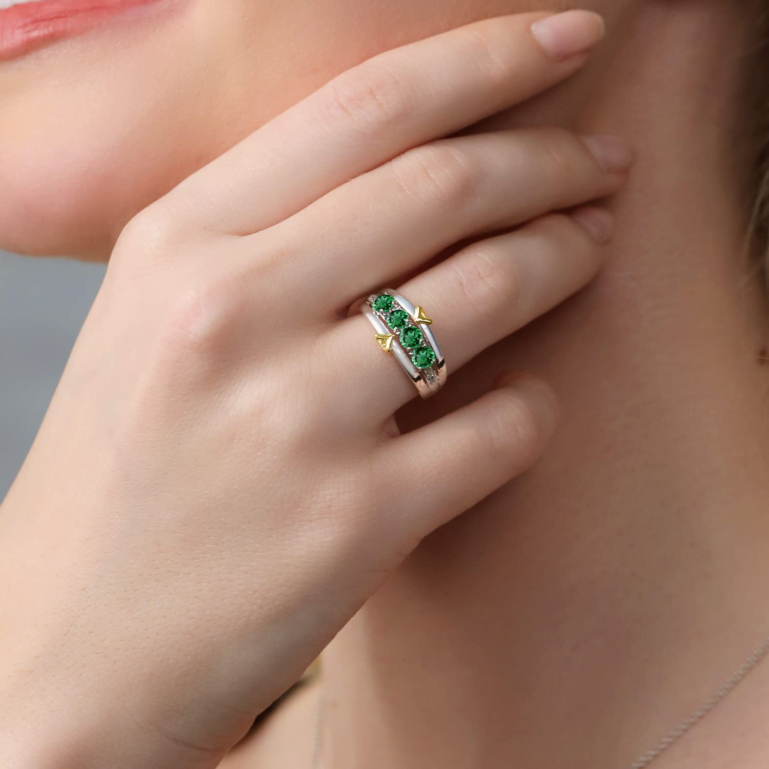 Gem Stone King 4-Stone Gemstone Birthstone and Lab Grown Diamond Wedding Band Ring For Women | 925 Silver and 10K Yellow Gold | Available In Size 5, 6, 7, 8, 9