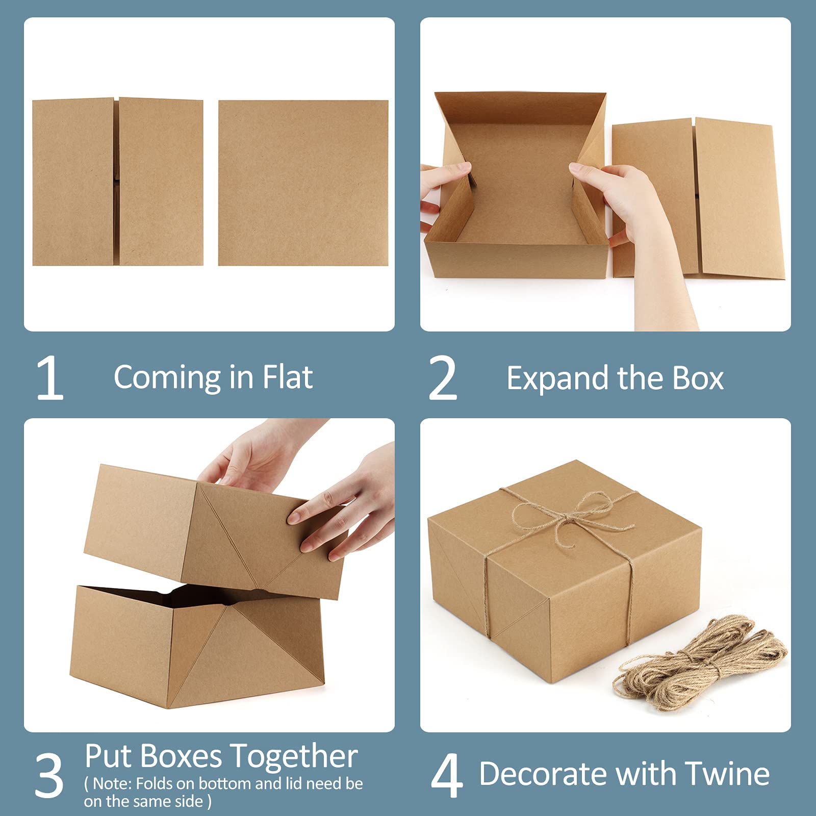 ValBox Premium Gift Boxes 10 Pack 8 x 8 x 4 Brown Paper Gift Boxes with 20 Meters Hemp Rope for Christmas Gifts, Bridesmaid Proposal Boxes, Easy Assemble Boxes
