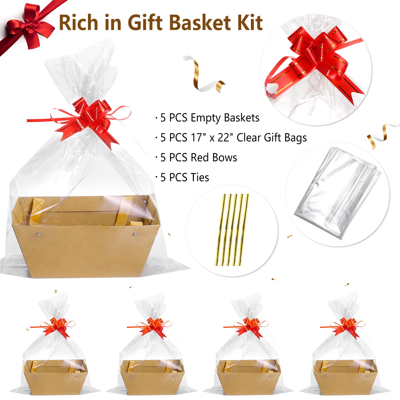 Aoibrloy Basket for Gifts Empty, Kraft Basket With Handles Gift Basket Kit With 5 Empty Gift Baskets, 5 Bags and 5 Bows, Gift Packages for Valentine's Day, Wedding, Birthday Party Gift Wrapping