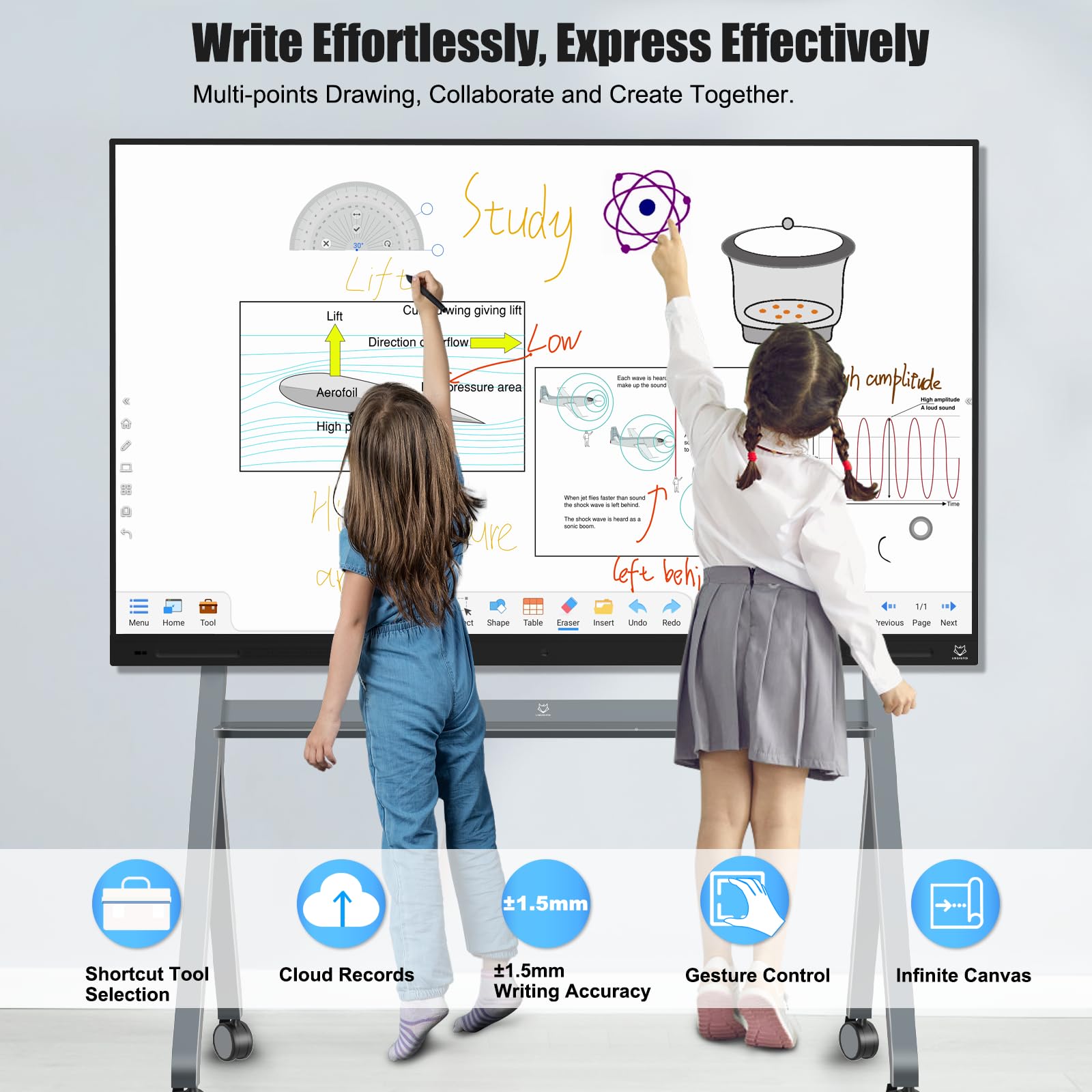 LINGHUFOX 75 Inch Smart Board, 4K UHD Touch Screen Digital Whiteboard with Open App Ecosystem, All-in-One Electronic Interactive Whiteboard for Classroom Office Home(Board+Movable Stand+Wall Mount)