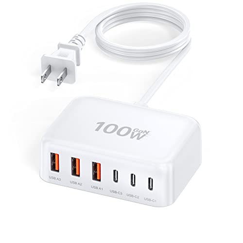 USB C Charger, 100W GaN 6 Port PD USB C and QC USB A Wall Charger Adapter Plug Cube, Super Fast Type C Charging Station Hub for iPhone 14 13 12 Pro Max, iPad, Samsung Galaxy, Pixel, 5ft Extension Cord