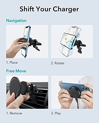 ESR Shift Wireless Car Charger (HaloLock), Compatible with MagSafe Car Charger, 2 Charging Modes, Detachable Fast Charging Pad, Car Phone Holder Mount for iPhone 14/13/12 Series, Car Accessories