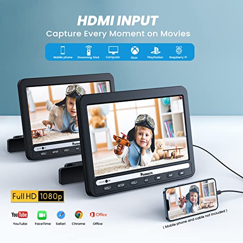 NAVISKAUTO 10.5" Dual Screen Car DVD Player with HDMI Input, Support MP4 1080P Video Playback, Built-in Rechargeable Battery, Play a Same or Two Different Movies (2 X DVD Player)