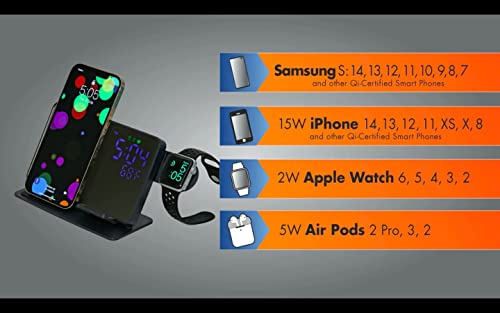 Tech Starving's 3 in 1 Wireless Charger with Clock/Alarm—Fast Charging—For iPhone 14/13/12/11/XS/X/8—Apple Watch Series—AirPods & Samsung Phone Series