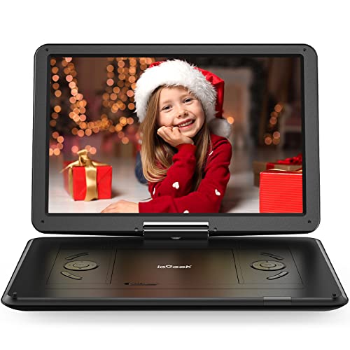 𝐢𝐞𝐆𝐞𝐞𝐤 16.9'' Portable DVD Player with 14.1''Swivel Screen, 6 Hrs Rechargeable Battery, Car Travel DVD Player for Kids, Sync TV, Region Free, Support USB/SD Card, Car Charger, Black