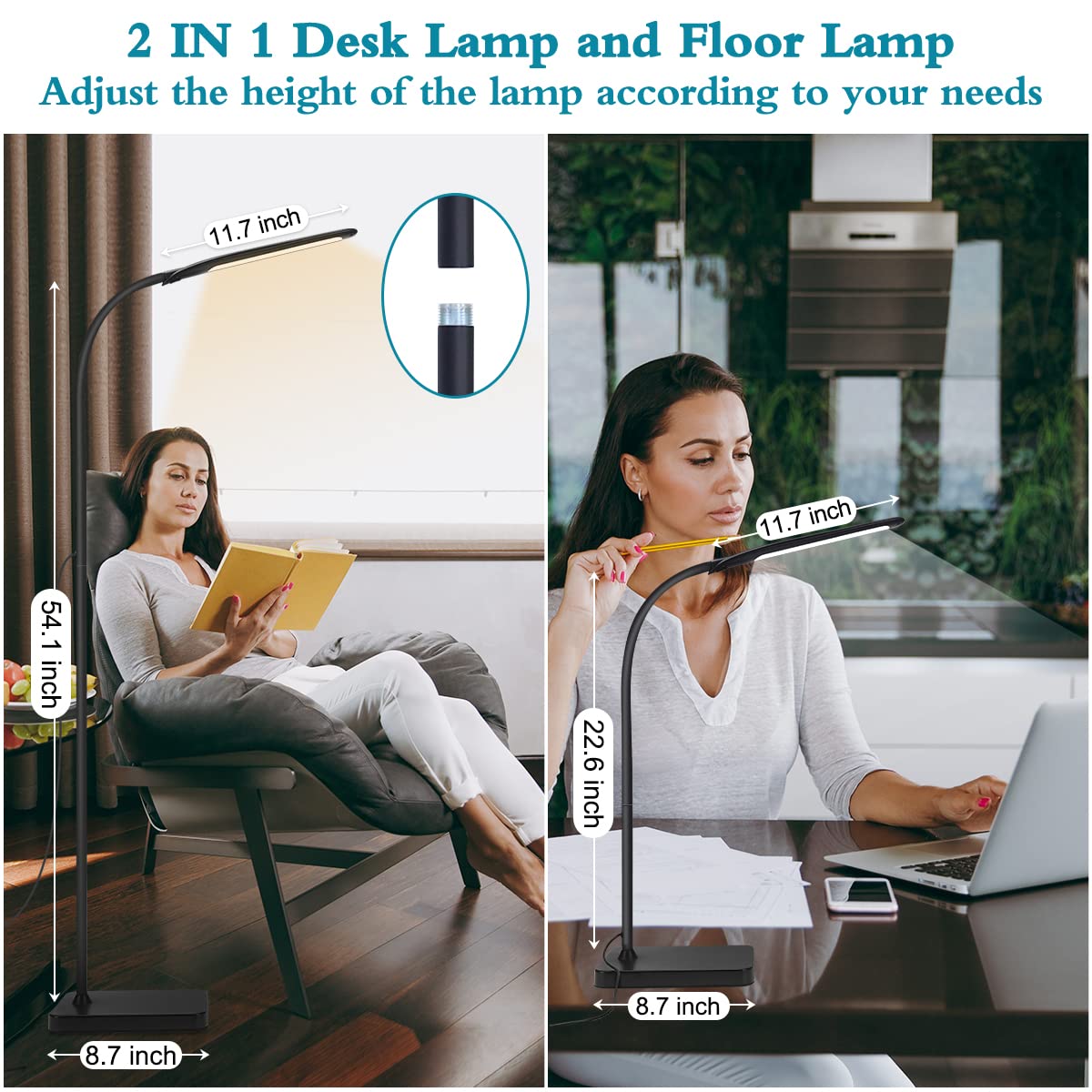 Joymon LED Floor Lamp, Adjustable Gooseneck Standing Lamp with 3 Color Temperature 3000K-6000K and 10-100% Stepless Dimmer, 2 in 1 Modern Desk Reading Lamp for Living Room, Bedroom and Office, Black