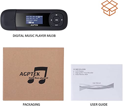 AGPTEK U3 USB Stick Mp3 Player, 8GB Music Player Supports Replaceable AAA Battery, Recording, FM Radio, Expandable Up to 64GB, Black