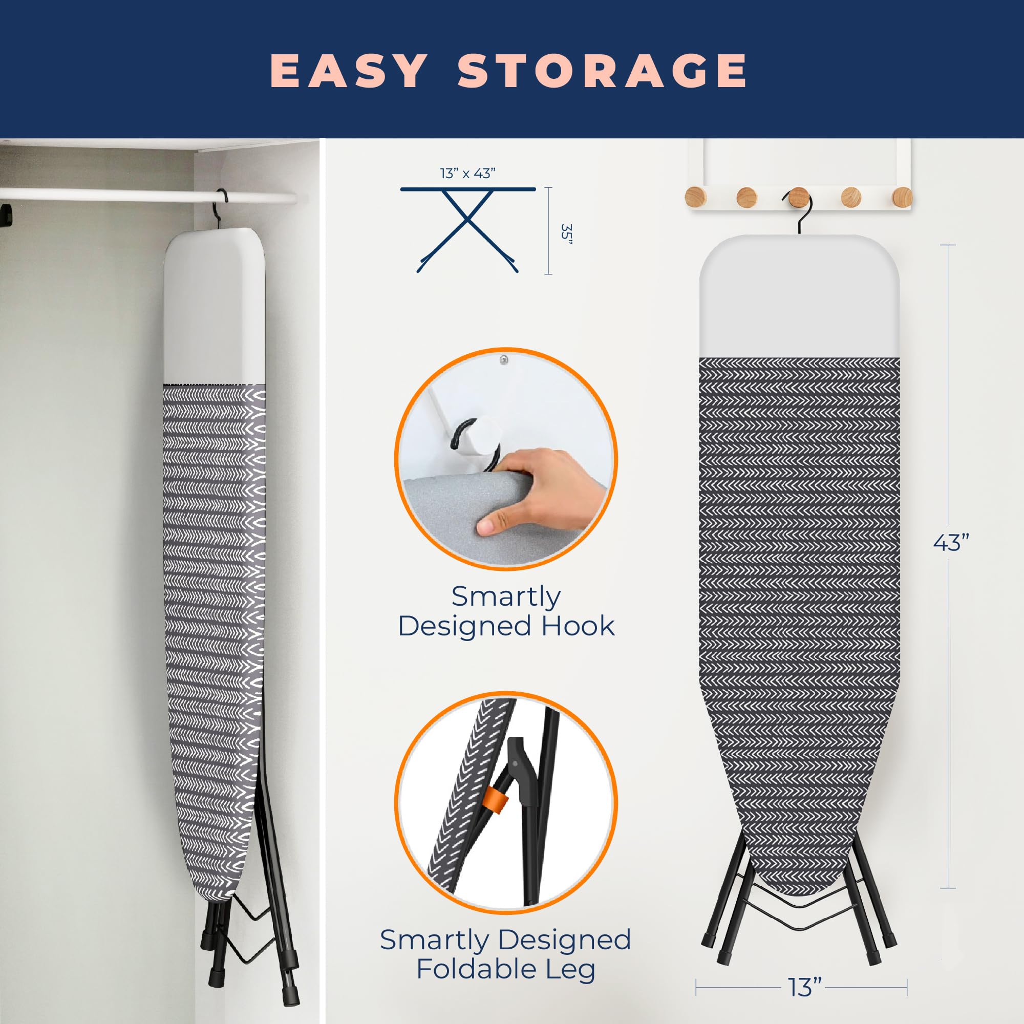 Happhom Ironing Board, Compact and Space Saver Iron Board, Safety Ironing with Park Zone and 4 Layers Extra Thick Cover, Patented Lock System for Foldable Leg, Easy Storage with Smart Hanger (13x43)