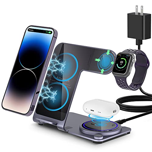 Wireless Charger, Aluminum Alloy 3 in 1 Wireless Charging Station for Apple iPhone/iWatch/Airpods,iPhone 14,13,12,11 (Pro, ProMax)/XS/XR/XS/X/8(Plus),iWatch8/7/6/SE/5/4/3/2,AirPods 3/2/pro