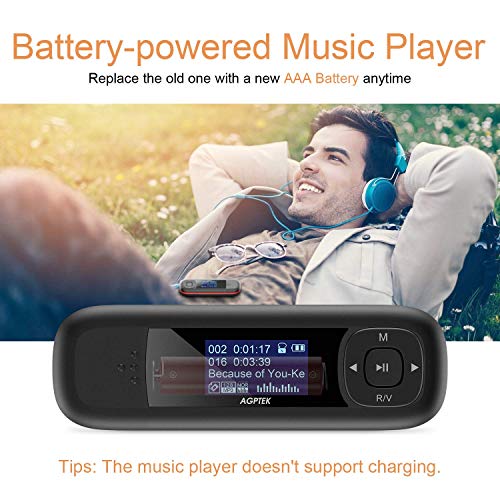 AGPTEK U3 USB Stick Mp3 Player, 8GB Music Player Supports Replaceable AAA Battery, Recording, FM Radio, Expandable Up to 64GB, Black