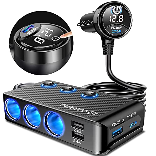 Car Cigarette Lighter Adapter, Dual USB C PD30W 3-sockets car Cigarette Splitter & QC 3.0 Fast car Charger for 12V/24V Vehicles, 222W LED Indicator & Independent Switches for GPS/Dash Cam/Phone