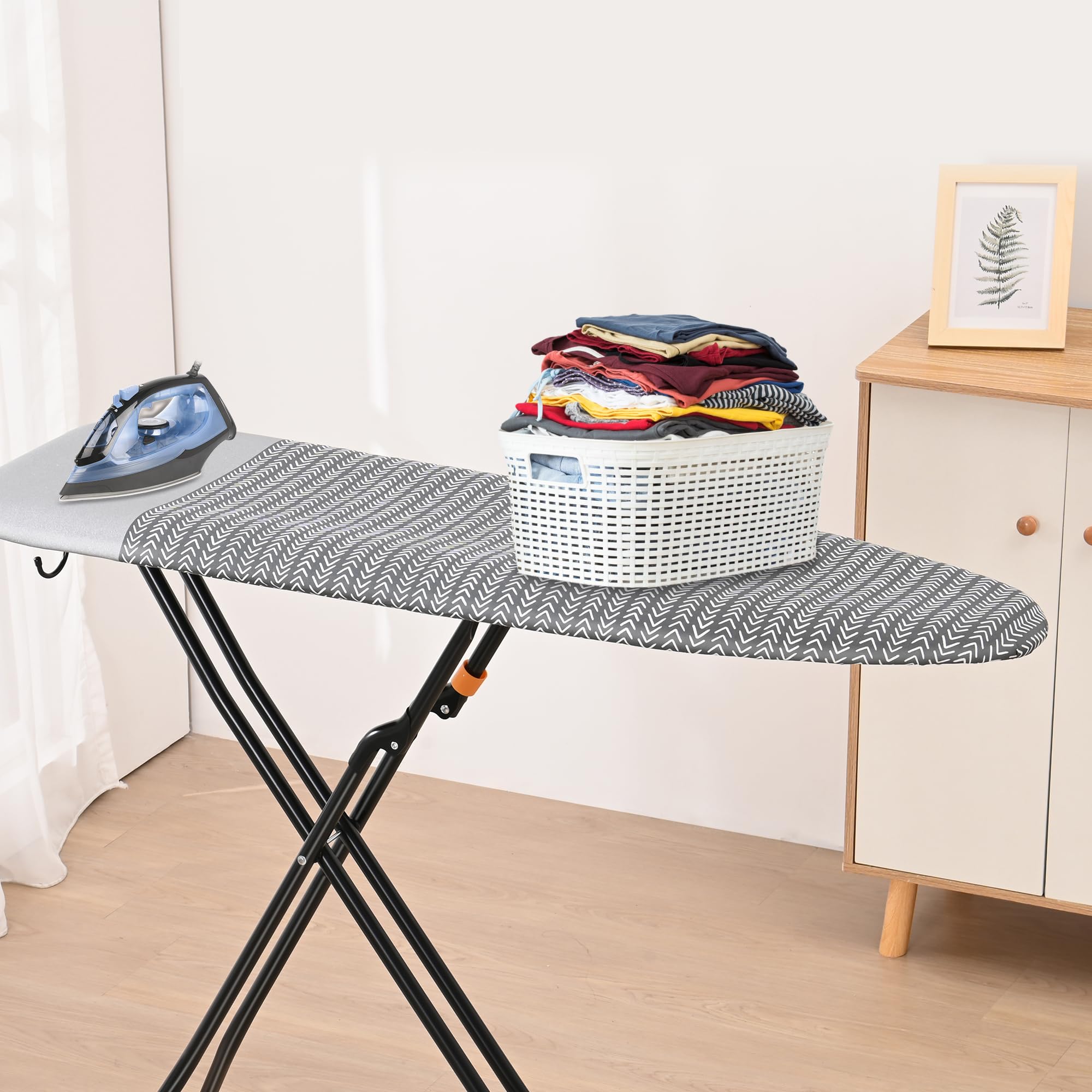 Happhom Ironing Board, Compact and Space Saver Iron Board, Safety Ironing with Park Zone and 4 Layers Extra Thick Cover, Patented Lock System for Foldable Leg, Easy Storage with Smart Hanger (13x43)