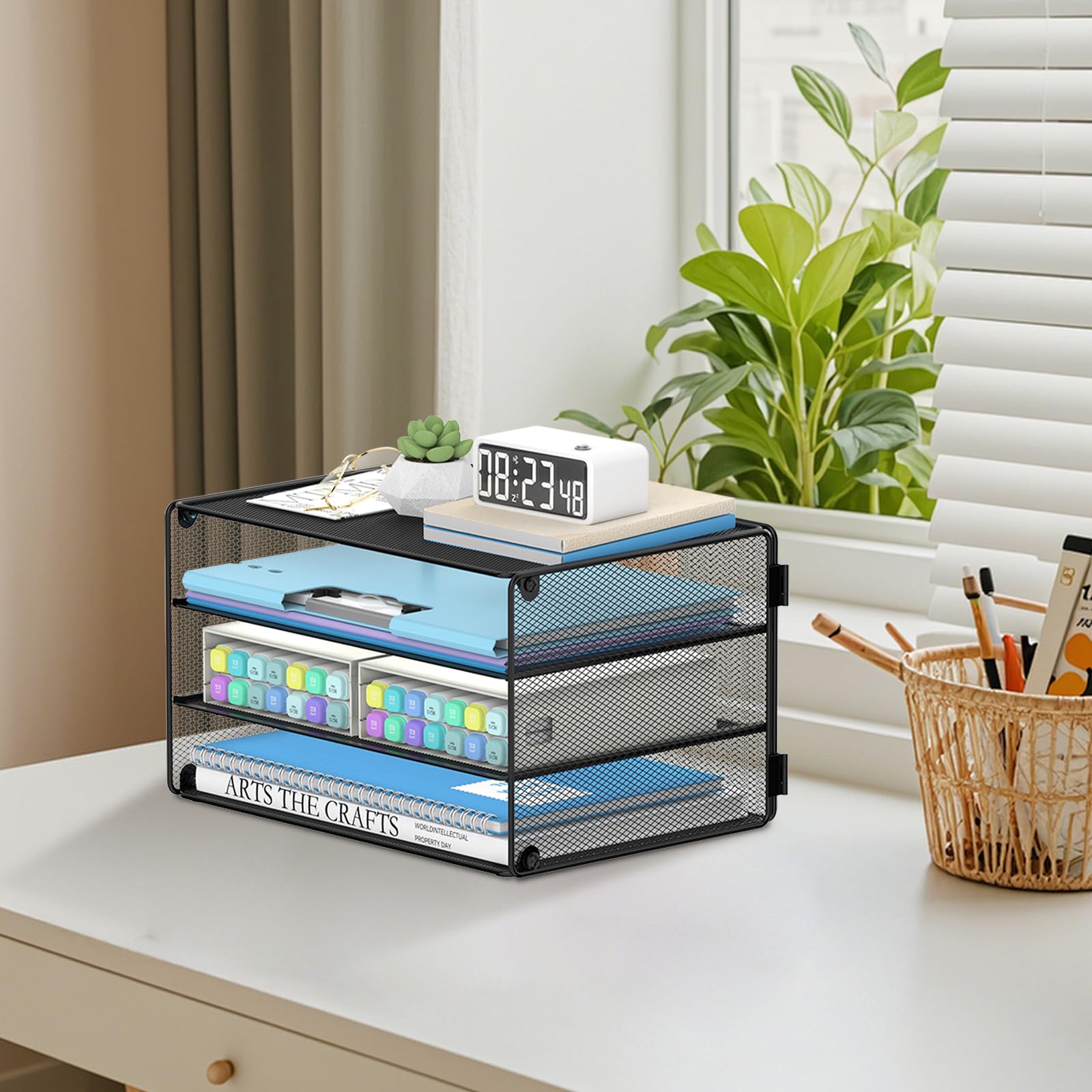 DALTACK 3 Tier Letter Tray Paper Organizer Mesh Metal Desk File Organizer for Home & Office, Black