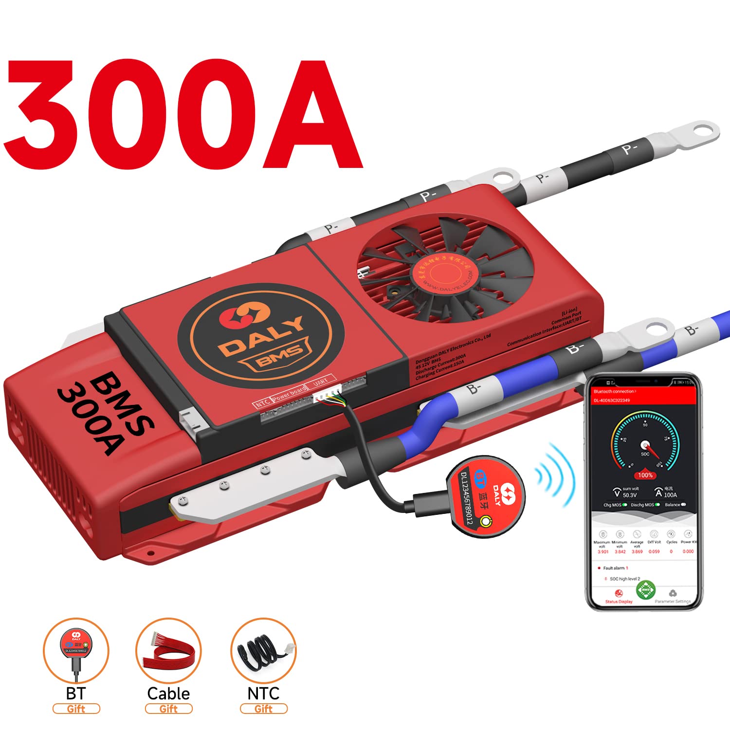 DALY Smart BMS Li-ion 4S 300A 12V BMS with Cooling Fan and Bluetooth Module SOC Monitoring for Rated 3.7V Lithium Battery Pack Home Back Up Power Storage(Smart BMS,300A Fan)