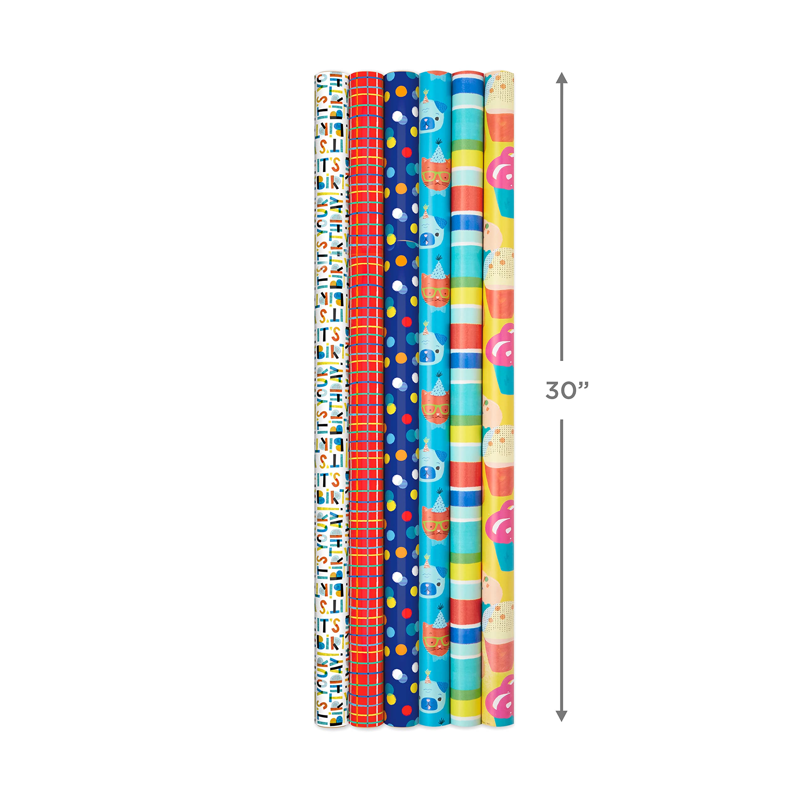 Hallmark Colorful Wrapping Paper Bundle with Cutlines on Reverse (6 Rolls: 110 Square Feet Total) Llamas, Zebras, Cupcakes, Holographic Stripes, Polka Dots for Birthdays, Kids Parties, Back to School