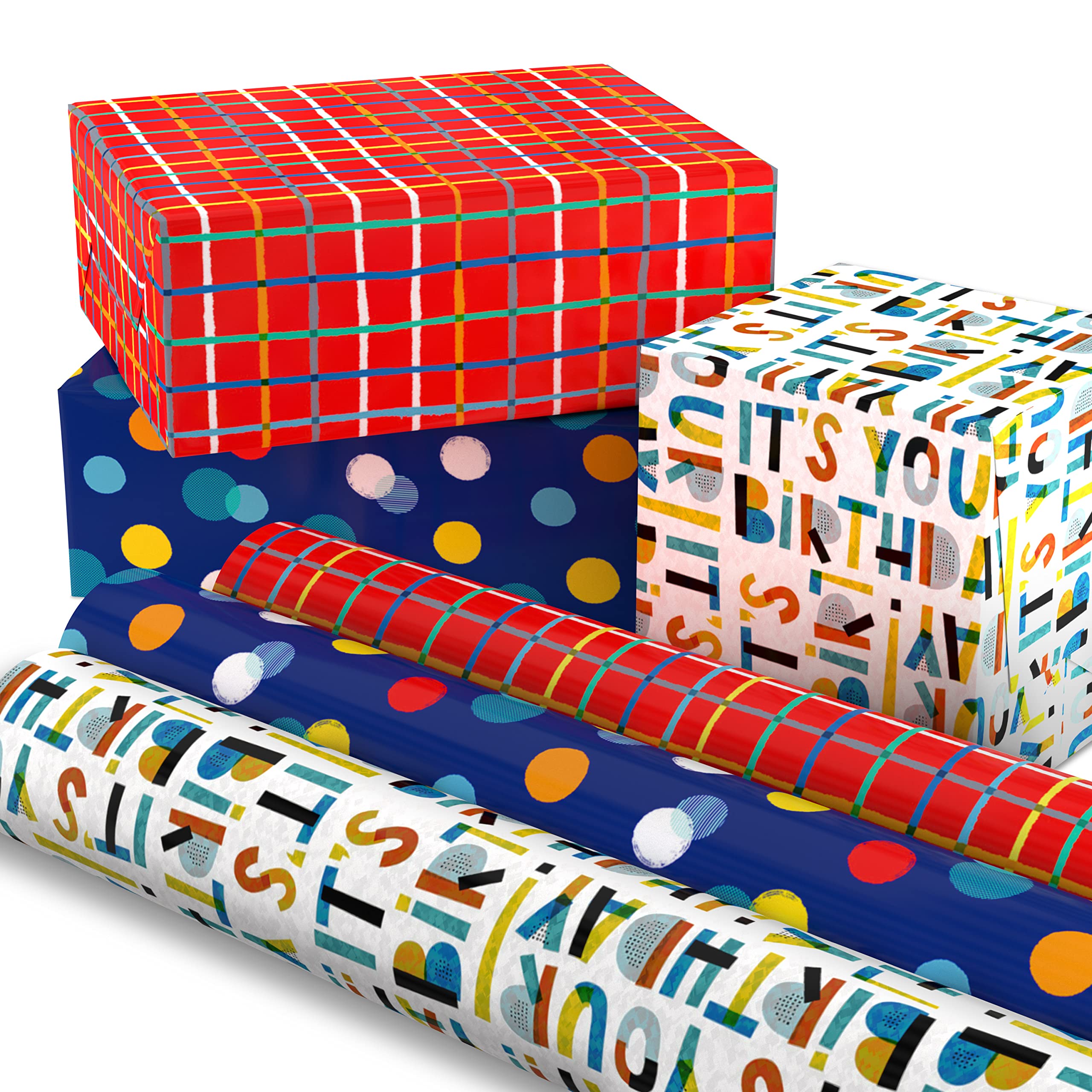 Hallmark Colorful Wrapping Paper Bundle with Cutlines on Reverse (6 Rolls: 110 Square Feet Total) Llamas, Zebras, Cupcakes, Holographic Stripes, Polka Dots for Birthdays, Kids Parties, Back to School