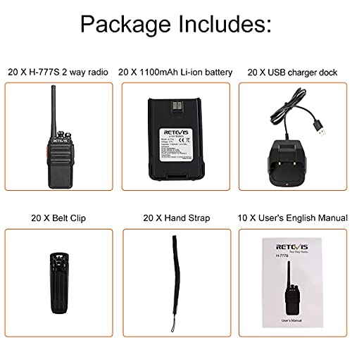 Retevis H-777S Walkie Talkies 2 Way Radios,Two Way Radio Rechargeable Long Range,VOX Hands Free USB Charger Dock Sturdy,Workers Business Company School Hotel Retail(20 Pack)