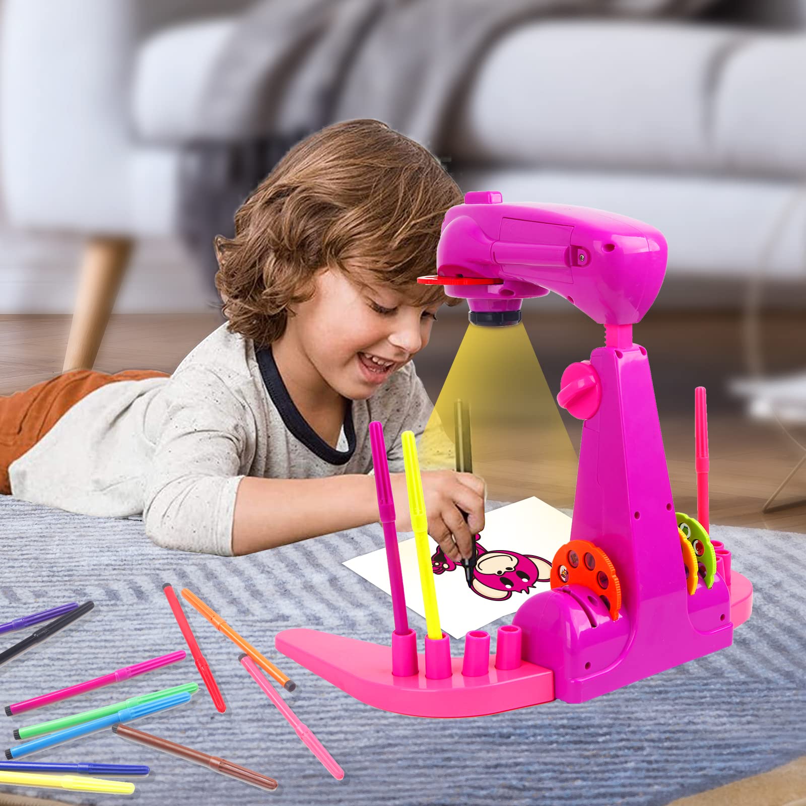 LEERFEI Kids Projection Drawing Toy,Smart Drawing Projector Toys,Trace and Draw Projector for Kids,with 32cartoon patters and 12color Brushes, Kid Learn to Draw and Sketcher (Pink)
