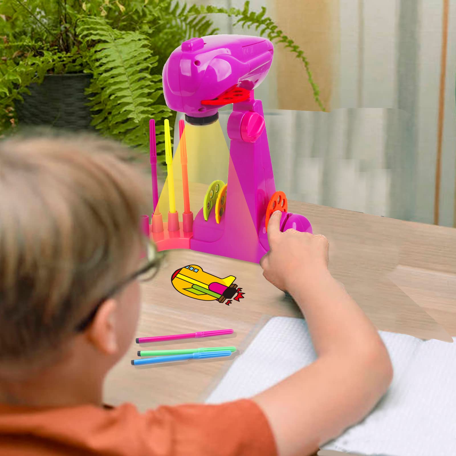 LEERFEI Kids Projection Drawing Toy,Smart Drawing Projector Toys,Trace and Draw Projector for Kids,with 32cartoon patters and 12color Brushes, Kid Learn to Draw and Sketcher (Pink)