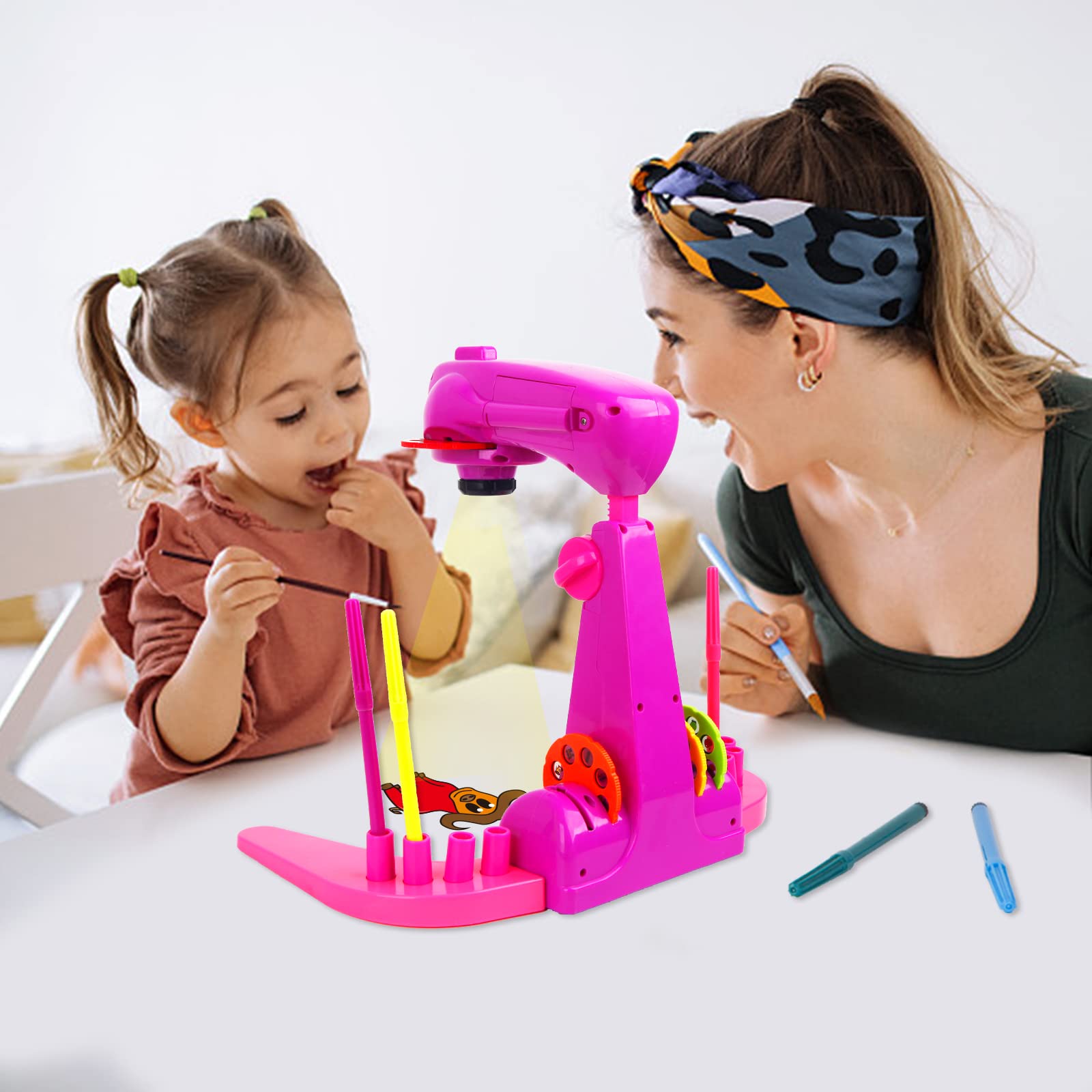 LEERFEI Kids Projection Drawing Toy,Smart Drawing Projector Toys,Trace and Draw Projector for Kids,with 32cartoon patters and 12color Brushes, Kid Learn to Draw and Sketcher (Pink)