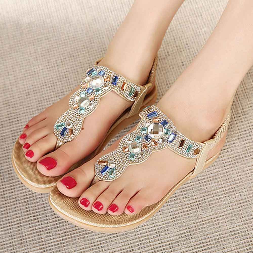 LifePalaza Women's Wedding Sandals Crystal with Rhinestone Beaded Bohemian Dress Flip-flop Gladiator Shoes Plus-size