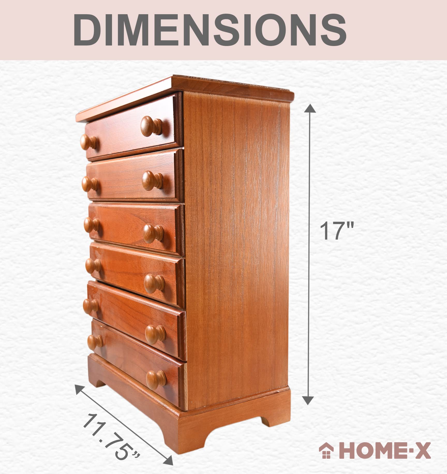 Home-X 6-Drawer Organizer for Sewing, Spools of Thread, Craft Supplies, Makeup, or Jewelry, Wood with Cherry Finish, 17" L x 6 ¾" W x 11 ¾" H