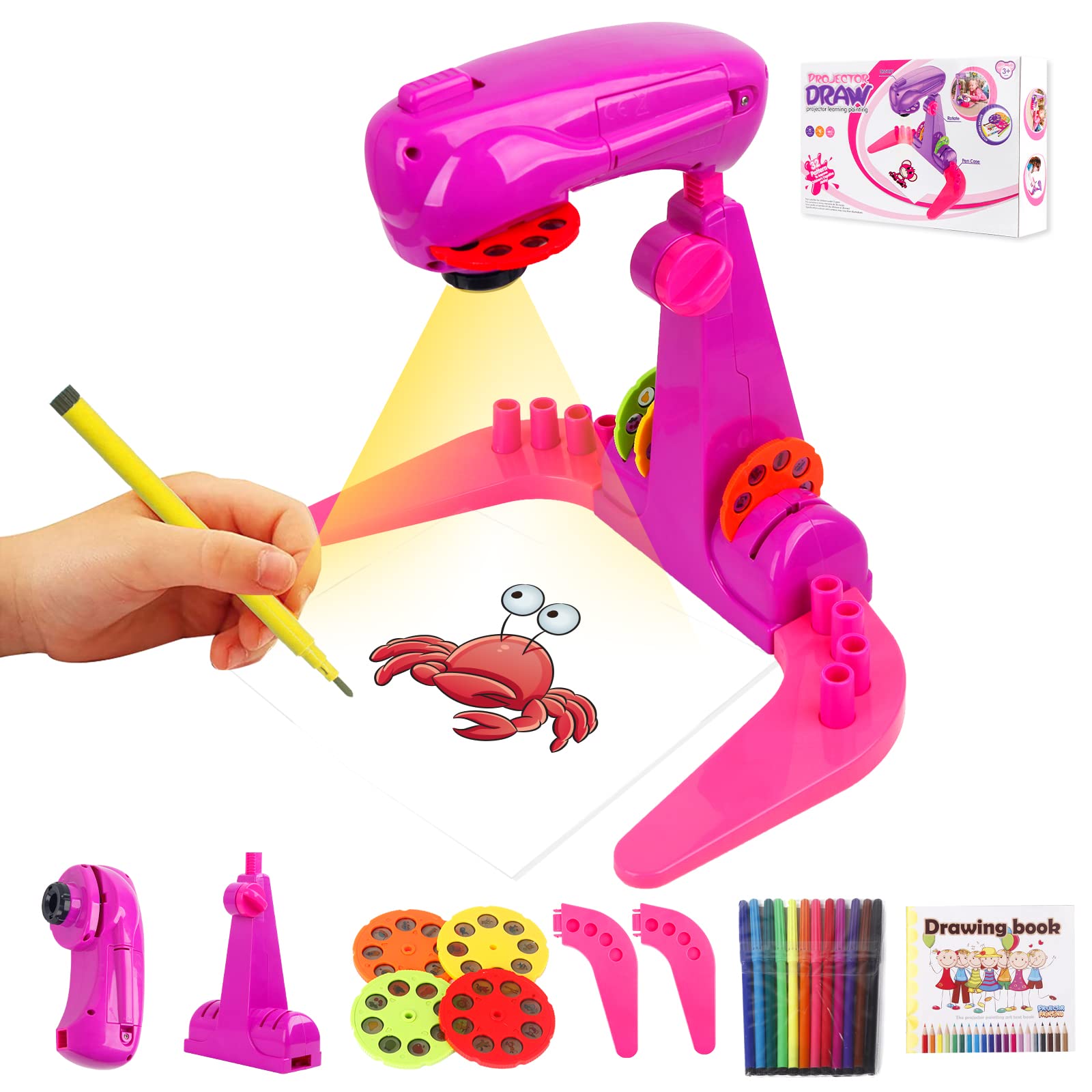 LEERFEI Kids Projection Drawing Toy,Smart Drawing Projector Toys,Trace and Draw Projector for Kids,with 32cartoon patters and 12color Brushes, Kid Learn to Draw and Sketcher (Pink)