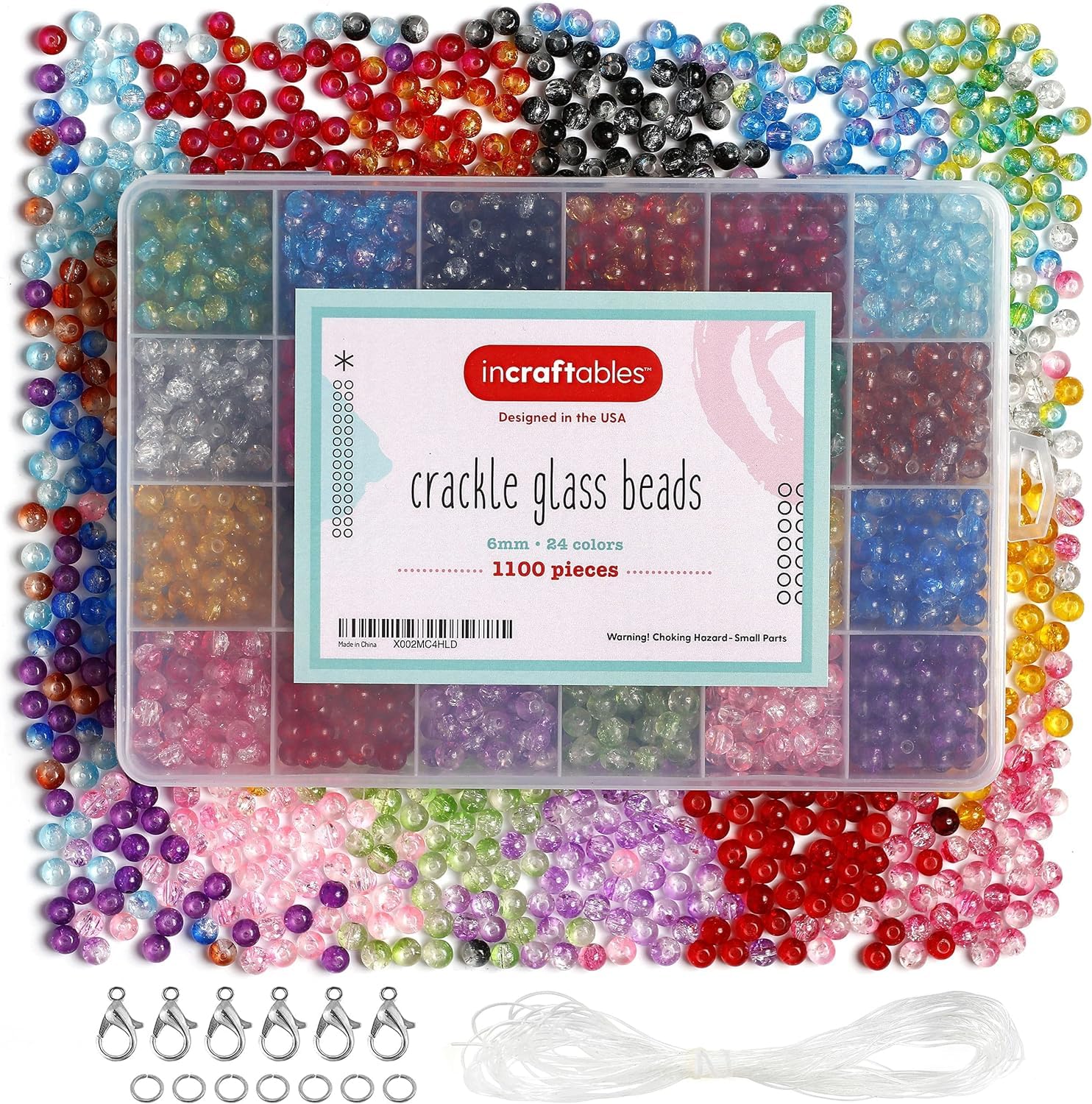 Incraftables Crackle Glass Beads 24 Colors 1100pcs 6mm Kit for Jewelry Making, Hair Accessories, Bracelets, & Crafts. Multicolor Lampwork Assorted Crafting Bead with Organizer Box for Kids & Adults