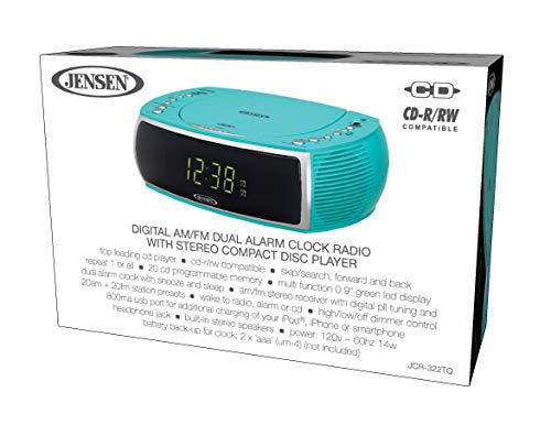 Jensen Turquoise Modern Home CD Tabletop Stereo Clock Digital AM/FM Radio CD Player Dual Alarm Clock Stereo CD Top-Loading Disc Player | USB Charging Port DV 5V 800mA | Headphone Jack | 0.9 Display