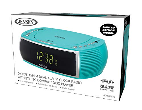 Jensen Turquoise Modern Home CD Tabletop Stereo Clock Digital AM/FM Radio CD Player Dual Alarm Clock Stereo CD Top-Loading Disc Player | USB Charging Port DV 5V 800mA | Headphone Jack | 0.9 Display