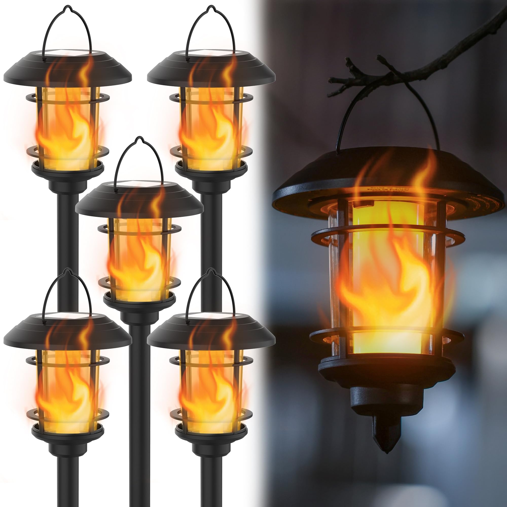 Dynaming 6 Pack Solar Flame Torch Lights Outdoor, Dual Use Flickering Flame Garden Light, Hanging Lantern Lights, Auto On/Off & Waterproof Landscape Lighting for Lawn Patio Yard Walkway Driveway