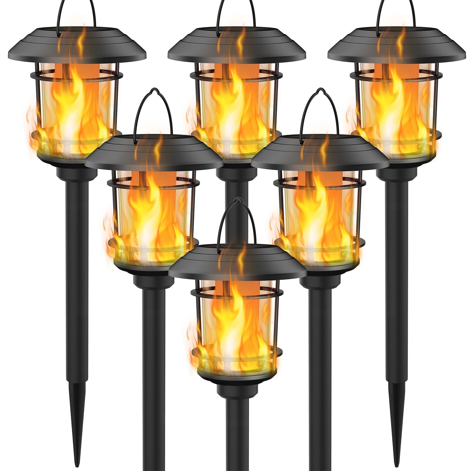 Dynaming 6 Pack Solar Flame Torch Lights Outdoor, Dual Use Flickering Flame Garden Light, Hanging Lantern Lights, Auto On/Off & Waterproof Landscape Lighting for Lawn Patio Yard Walkway Driveway