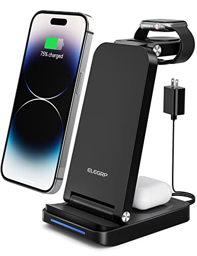 ELEGRP Wireless Charging Station, 3 in 1 Wireless Charger, Foldable Compact Size for iPhone 14/13/12/11/Pro/Max/SE/8 and Android Samsung and Pixel Phone, iWatch and Airpods (with 18w Adapter)