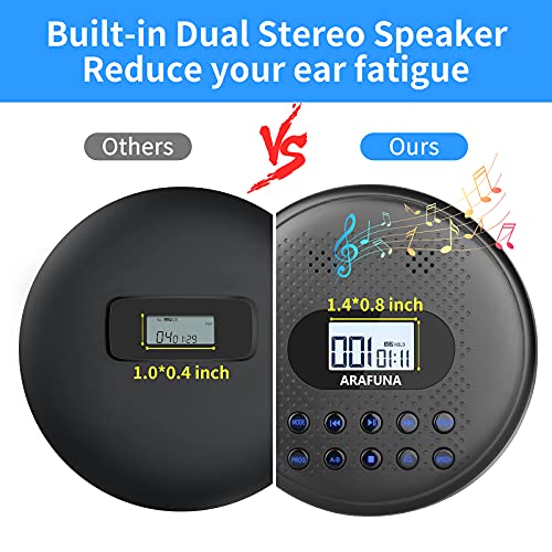 CD Player Portable, ARAFUNA Portable CD Player with Dual Stereo Speakers, Rechargeable CD Player for Car with Anti-Skip Protection, Walkman CD Player with Headphones and AUX Cable