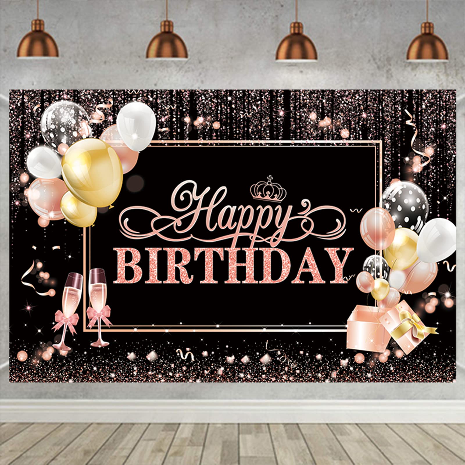 Rose Gold Happy Birthday Backdrop Banner,Happy Birthday Decoration Banner, Black and Rose Gold Happy Birthday Banner Sign, Happy Birthday Backdrop for Girls Women71 x 45 Inch