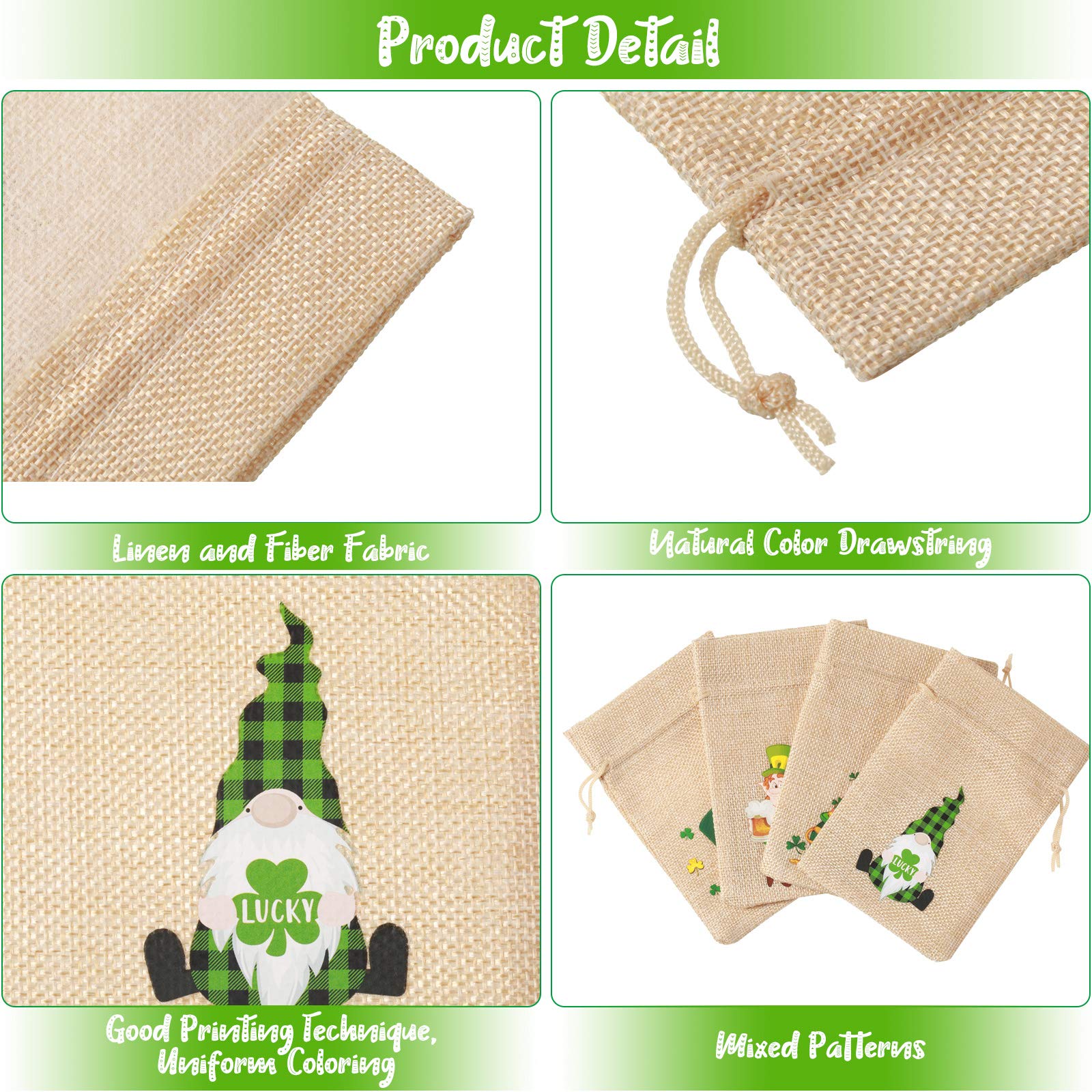 24 Pieces St. Patricks Linen Burlap Bag, St. Patricks Gnomes Burlap Gift Bags for Kids Party Supply, Irish Green Jute Drawstrings Candy Pouch, Lucky Shamrock Clovers Treat Bags with Different Designs