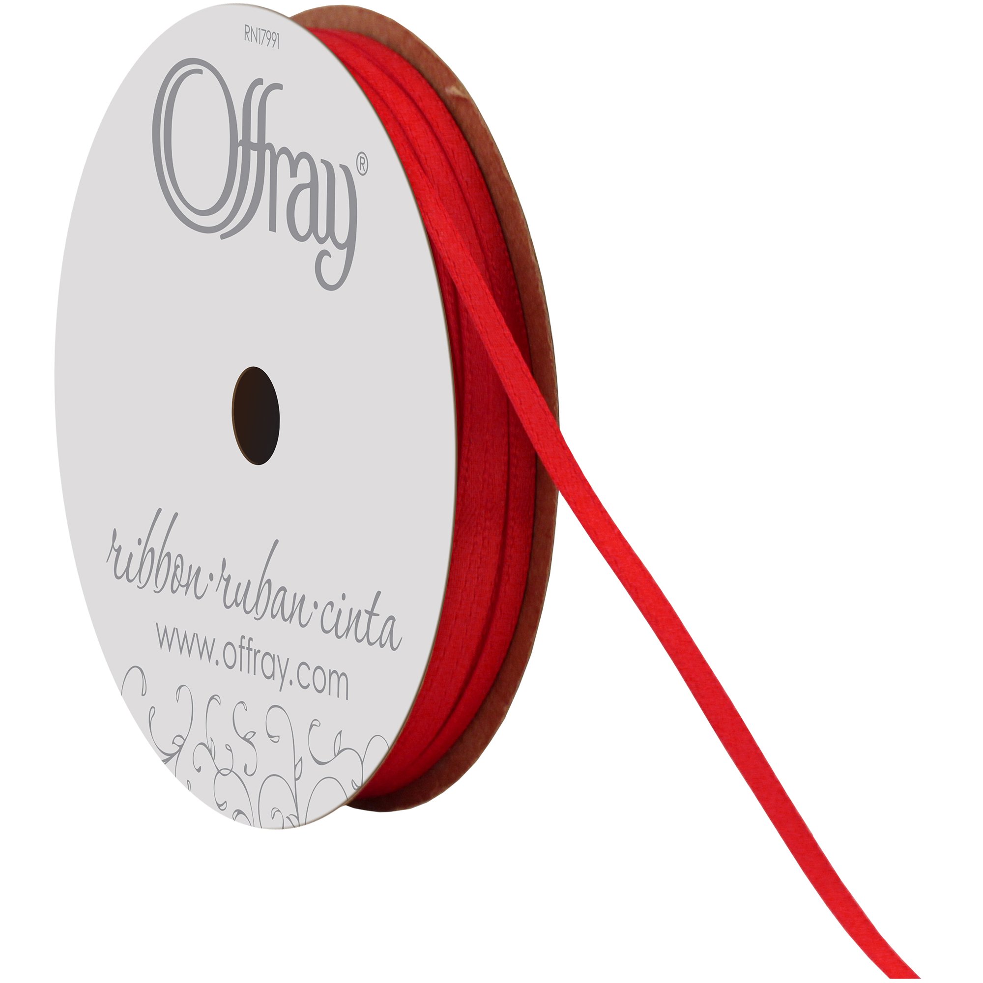 Offray Double Face Satin Craft Ribbon, 1/8-Inch x 24-Feet, Red