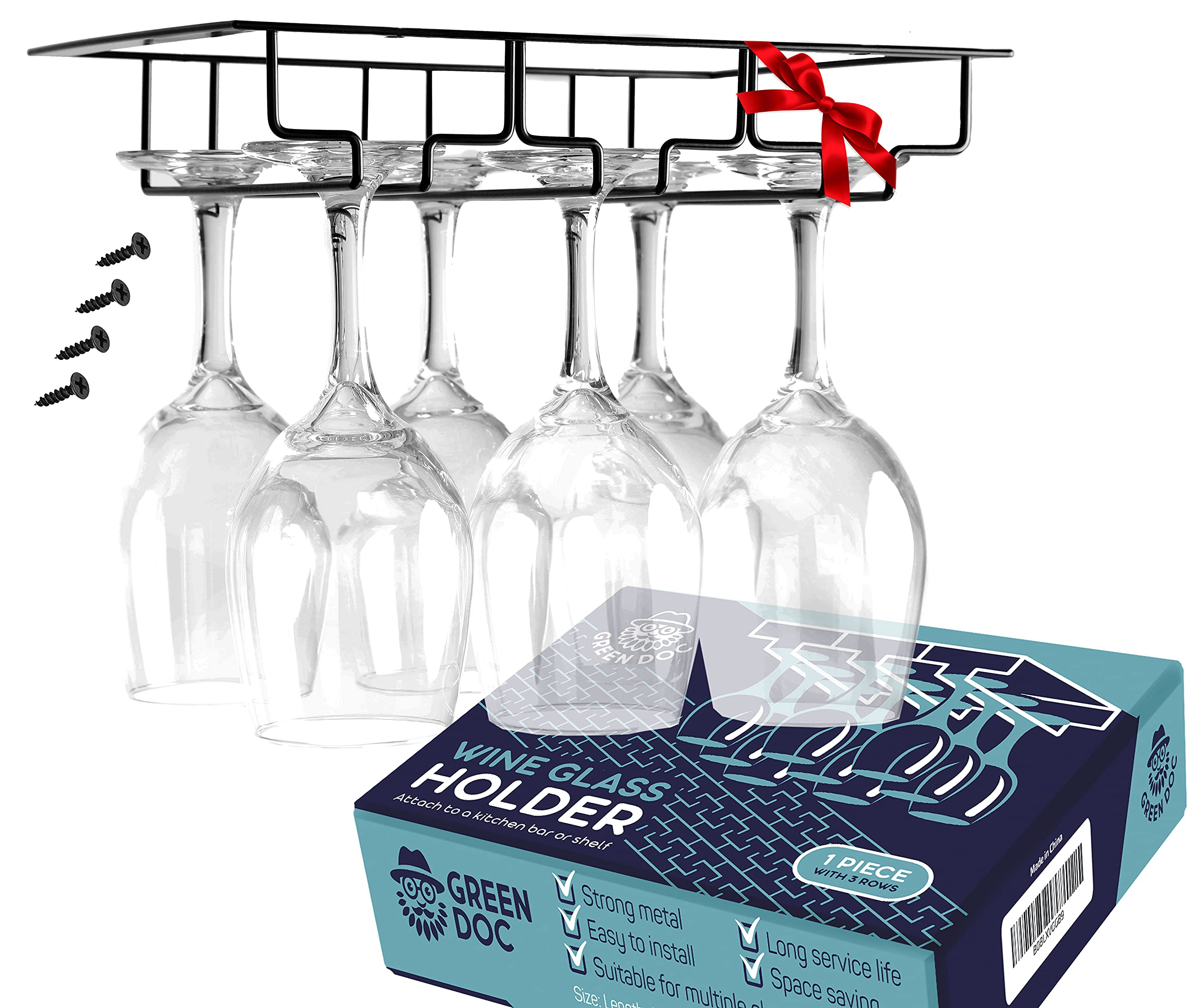 Wine Glass Rack - Under Cabinet Stemware Wine Glass Holder Durable Glasses Storage Hanger Metal Organizer for Bar Kitchen UPGRADED DESIGN Black (3 Rows)