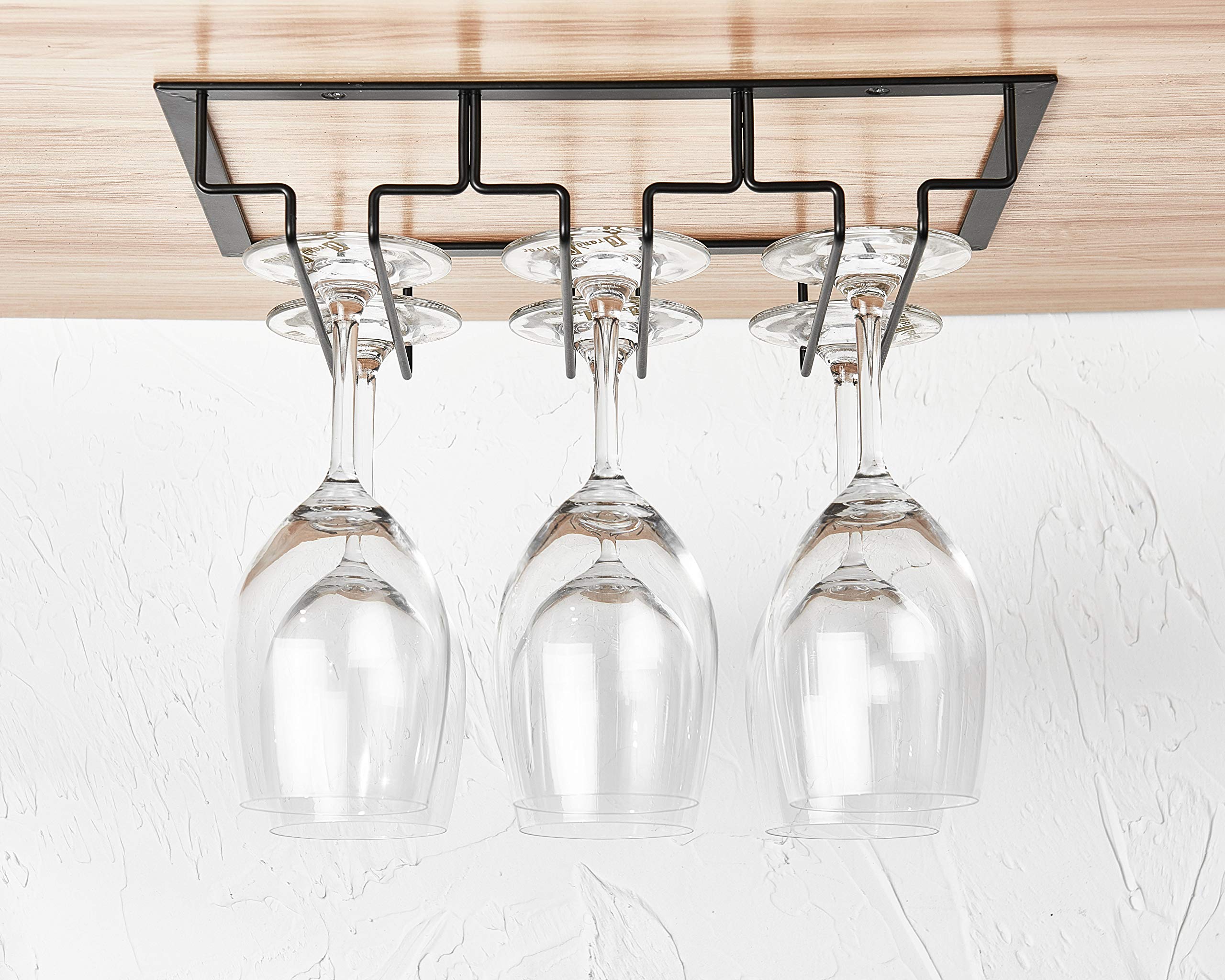 Wine Glass Rack - Under Cabinet Stemware Wine Glass Holder Durable Glasses Storage Hanger Metal Organizer for Bar Kitchen UPGRADED DESIGN Black (3 Rows)